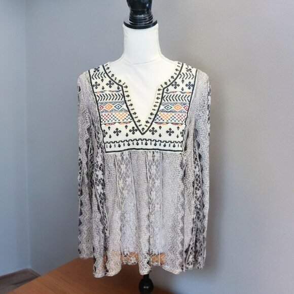 Mystree | Tops | Mystree Dark Brown Orange Beige Long Sleeve Open Weave ...